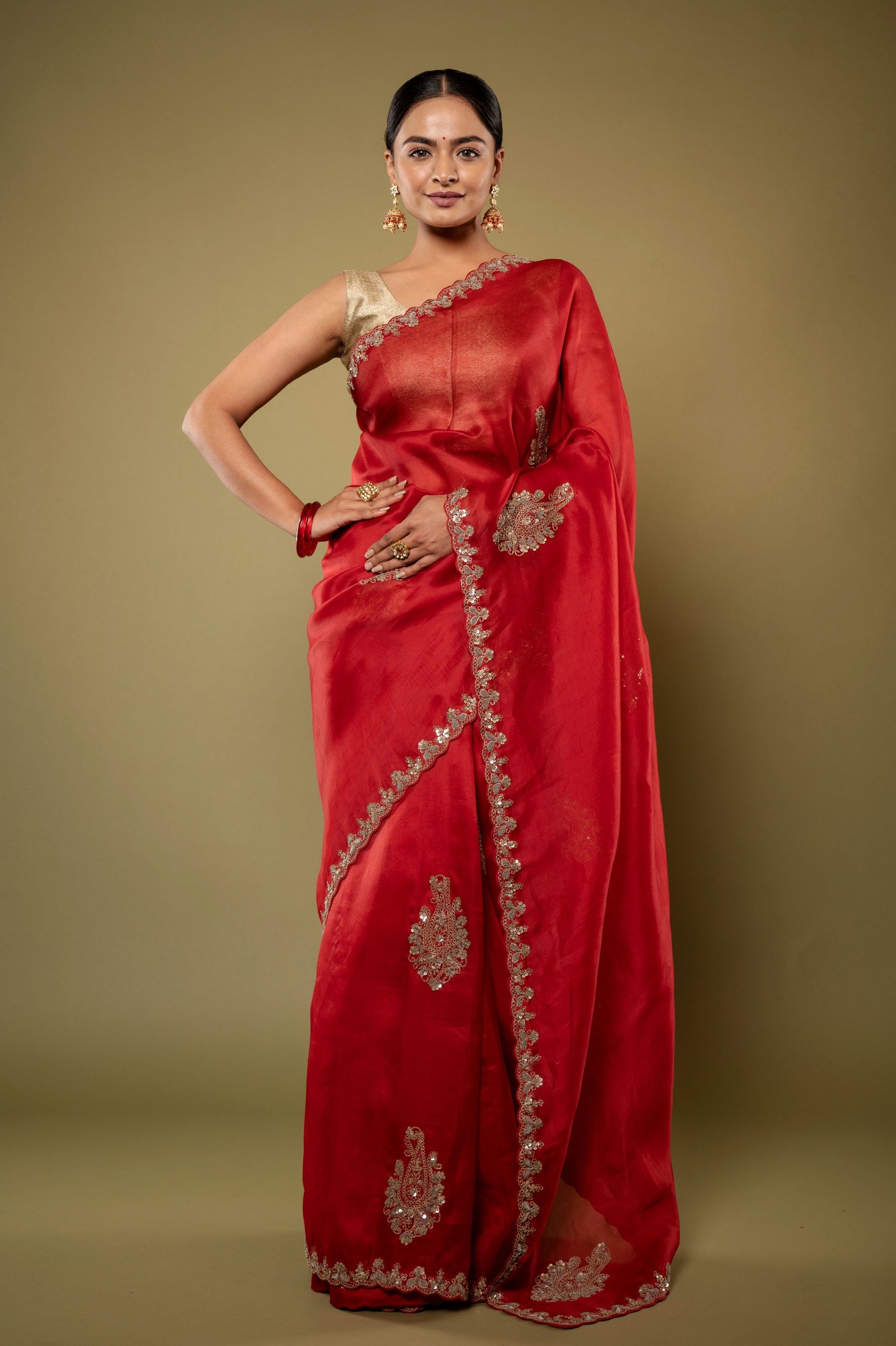 red Organza zardozi border butti handwork saree