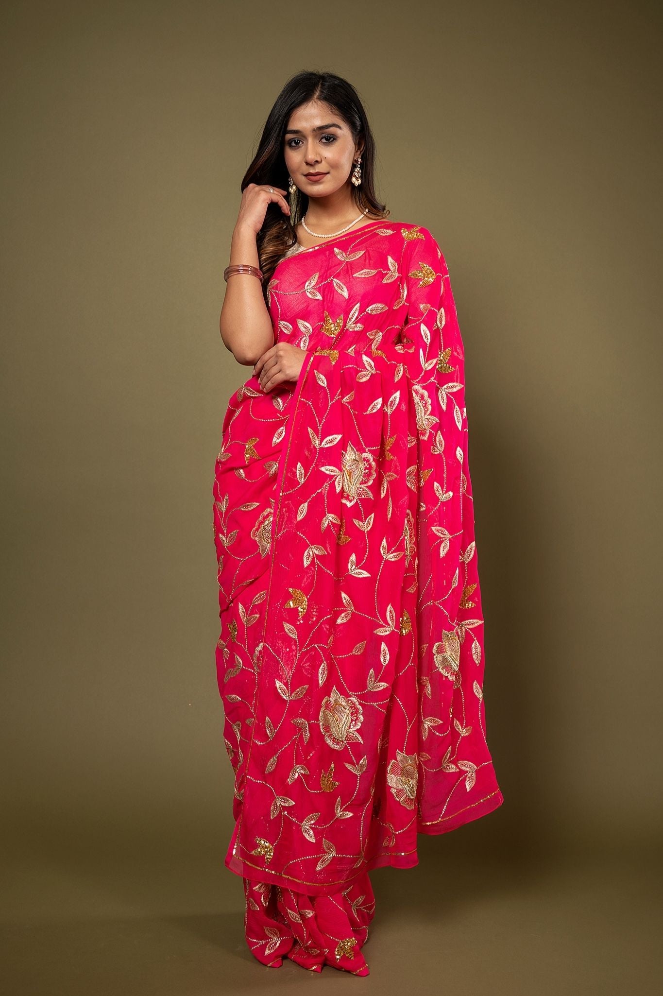 Rani pure chiffon aari sequins jaal handwork saree