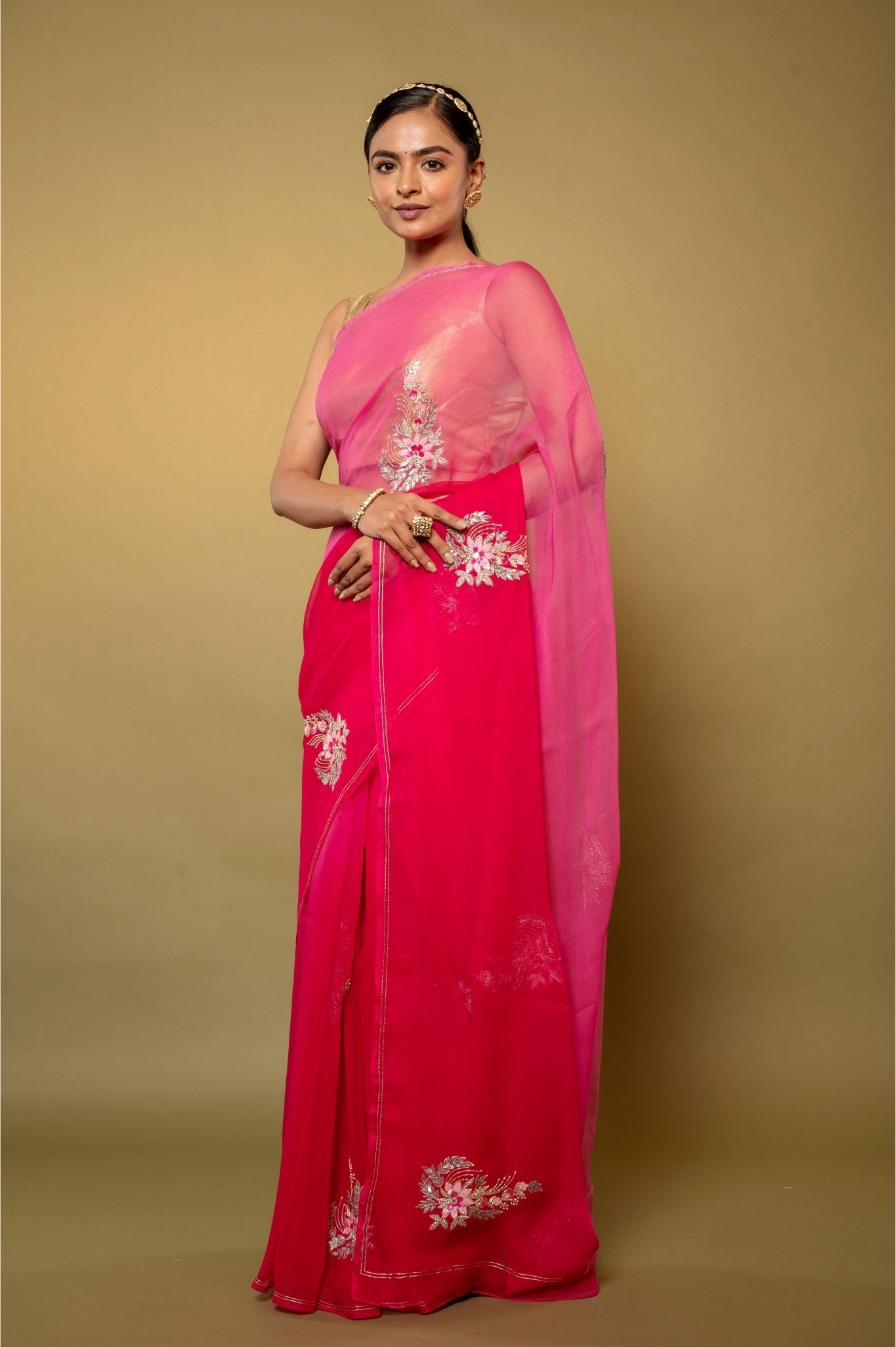 rani light dark Viscose Chiffon Aari sequins kardana motif handwork ca