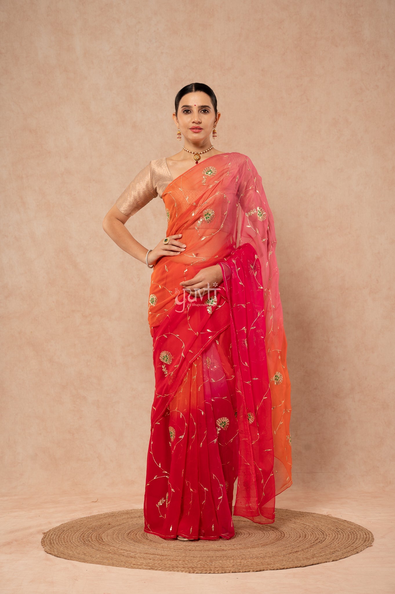 Red Rani Orange Pink Viscose Chiffon Aari Sequins Resham Handwork Sare