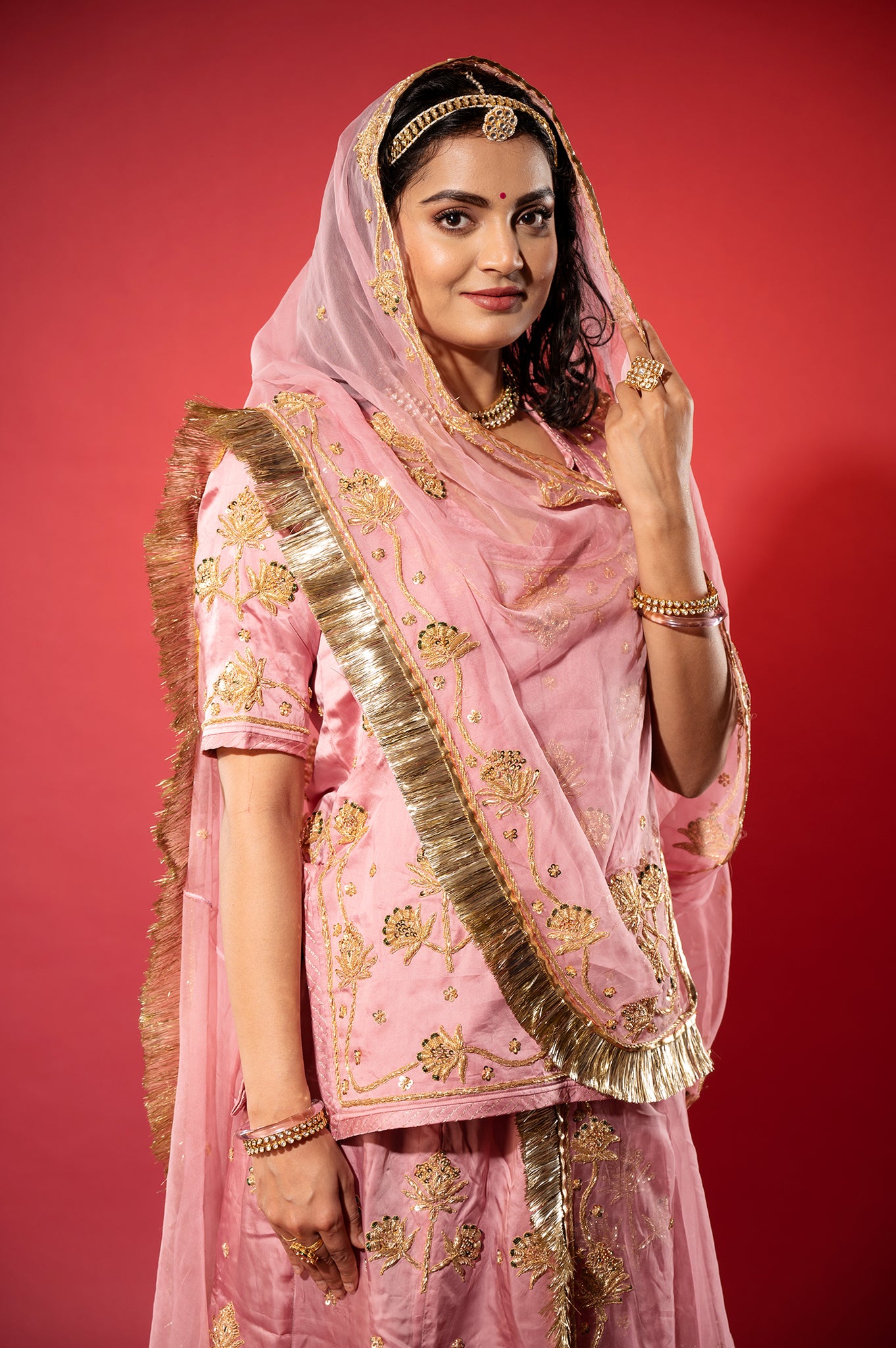pink bamber satin zardozi handwork rajputi Poshak with Pure odhna
