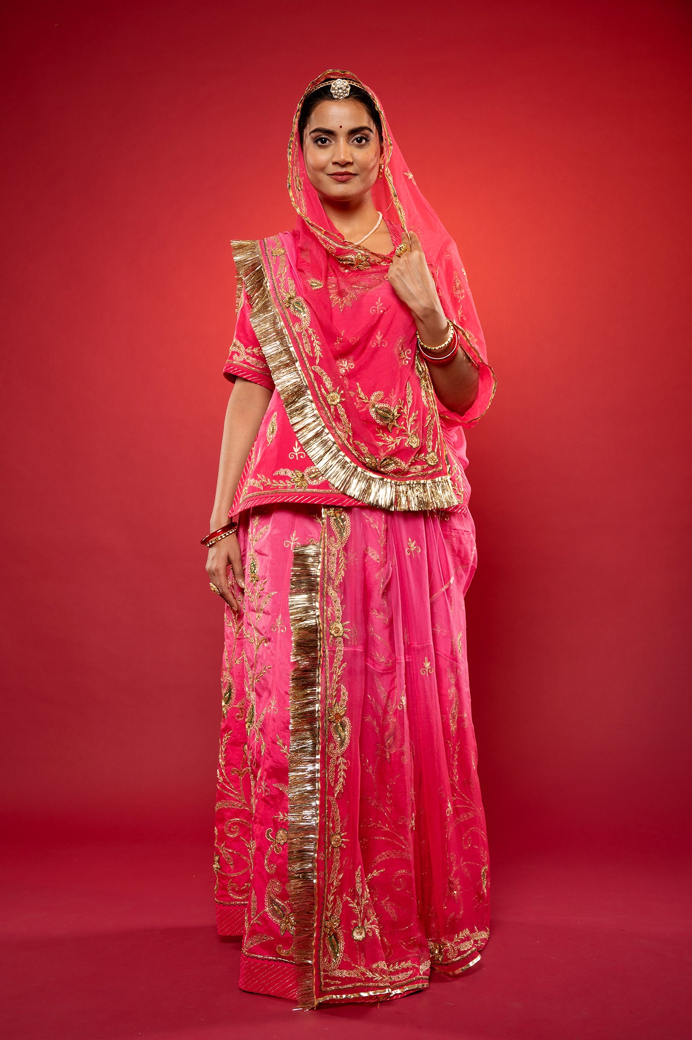 Gajri Pink light dark Bamber Satin Zardozi handwork rajputi Poshak wit