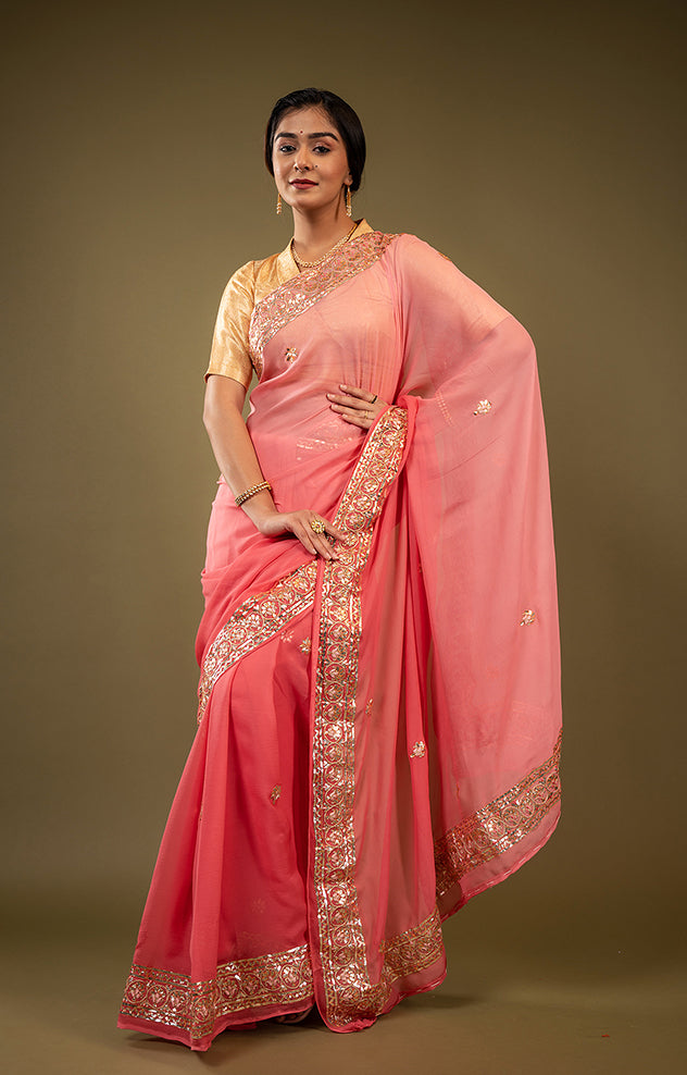 Gajri Light dark pure chiffon Gota patti handwork saree